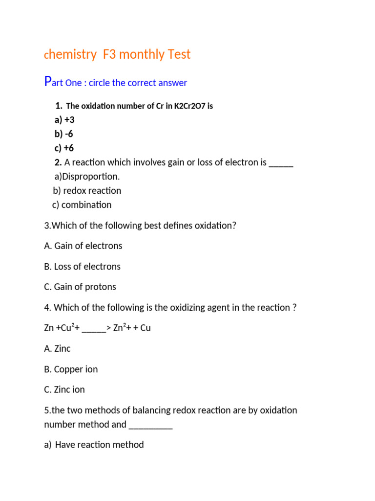 Monthly test form3 | PDF | Redox | Chemical Reactions