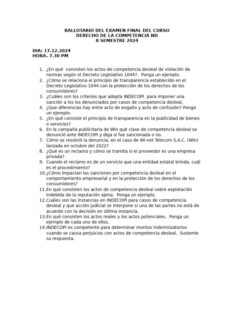 Ballotario Del Examen Final Del Curso Derecho de La Competencia ND | PDF