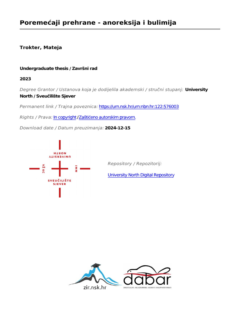 Poremecaji Prehrane - Anoreksija I Bulimija Trokter | PDF