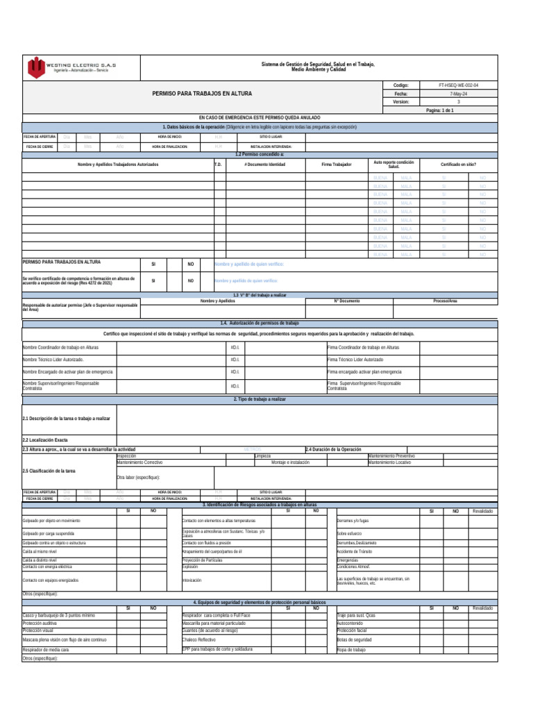 Ft-Hseq-We-002-04 Permiso de Trabajo en Alturas Version | PDF