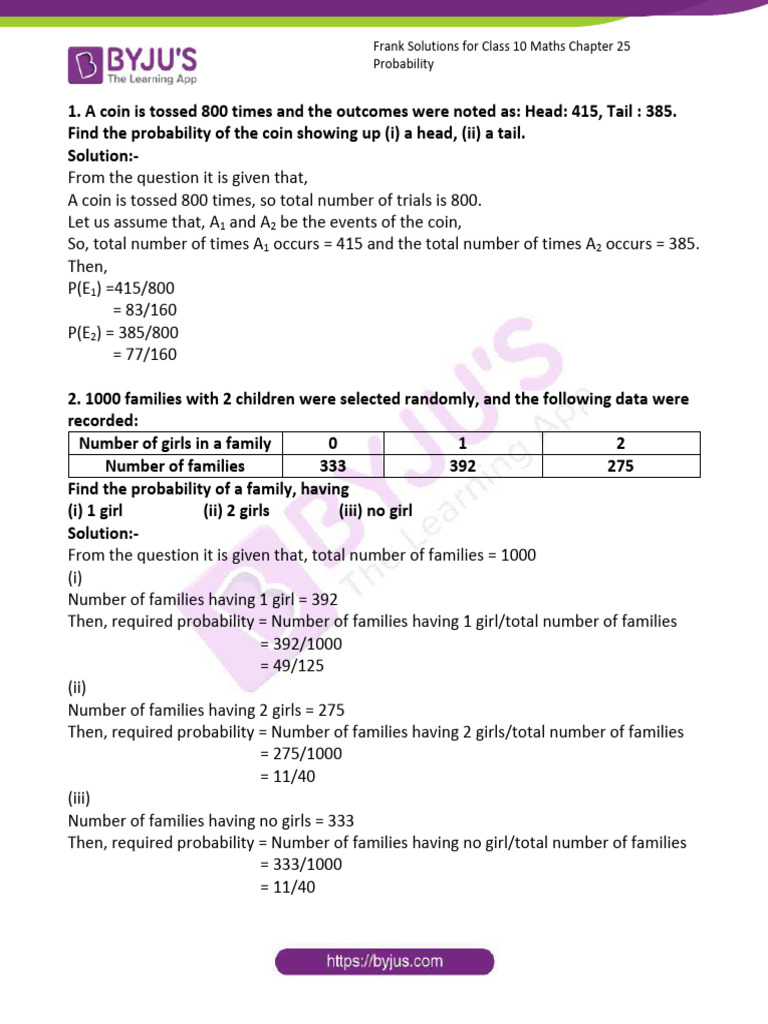Frank Solutions Jan2021 For Class 10 Maths Chapter 25 | PDF | Odds | Probability Theory