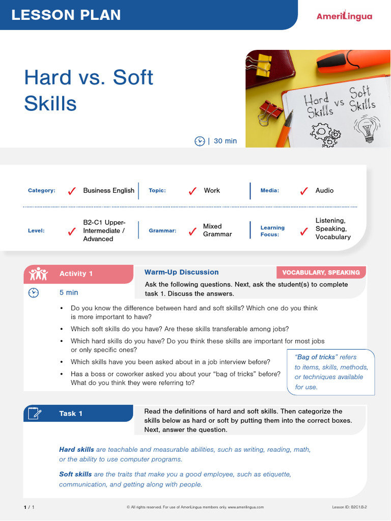 HardvsSoftSkillsESLLessonPlanBusinessEnglish-1 | PDF | Vocabulary ...