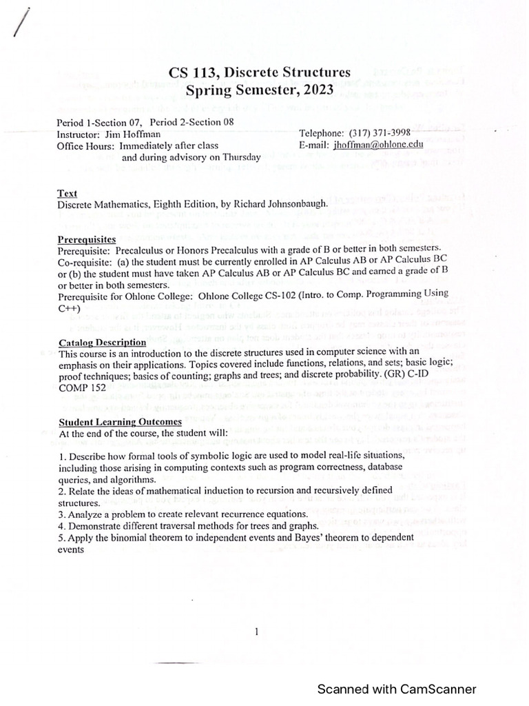 Ohlone College Discrete Structures Syllabus Pdf 