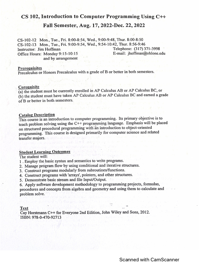 Ohlone College CS Syllabus | PDF
