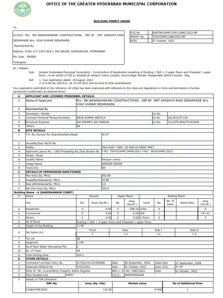 GHMC Building Permit for Residential Construction | PDF | Architect ...