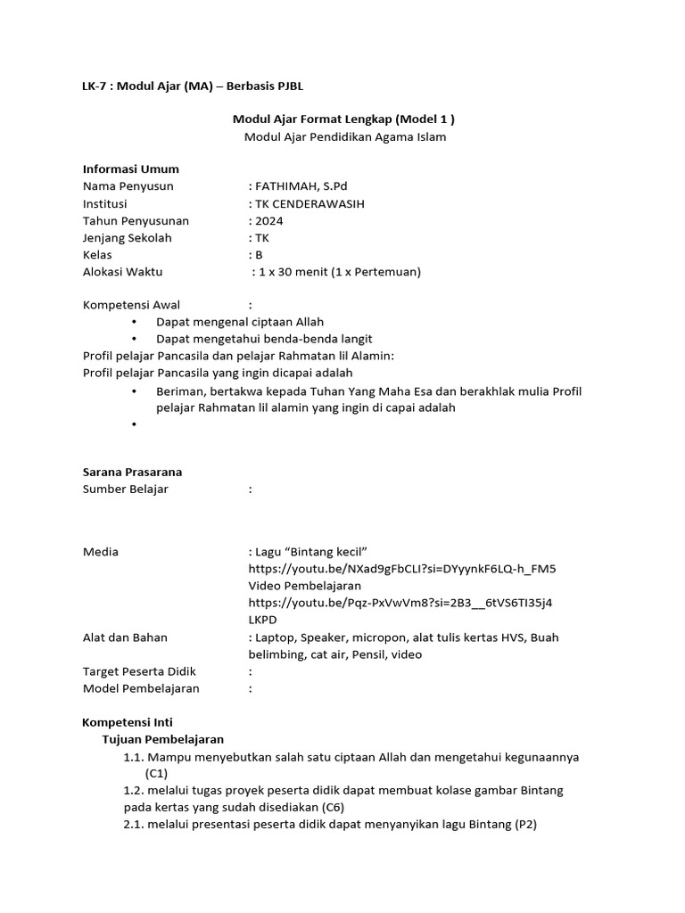 Modul Ajar PJBL PAI untuk TK B | PDF