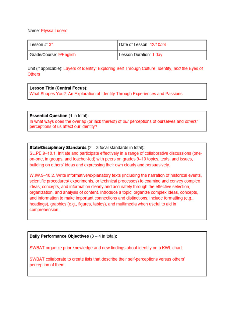 Exploring Identity Through Perception | PDF | Individualized Education ...