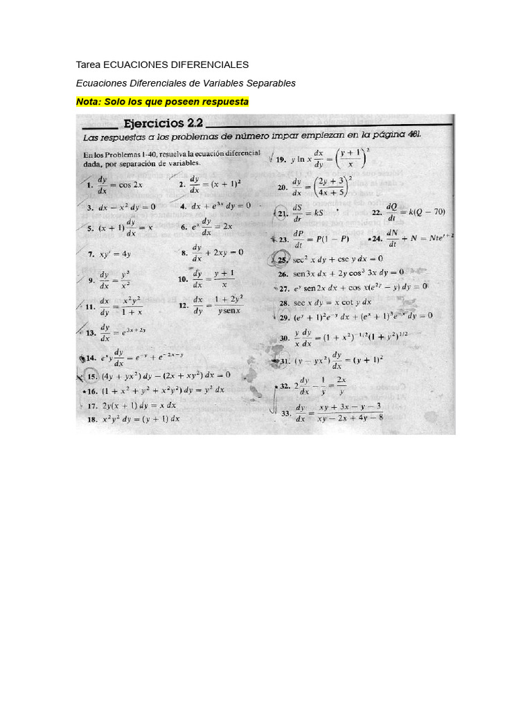 Tarea ECUACIONES DIFERENCIALES Ecuaciones Separables | PDF