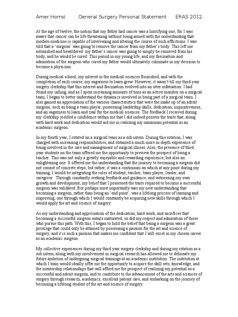 Homsi Amer Surgery Personal Statement Final | PDF | Surgery | Medicine