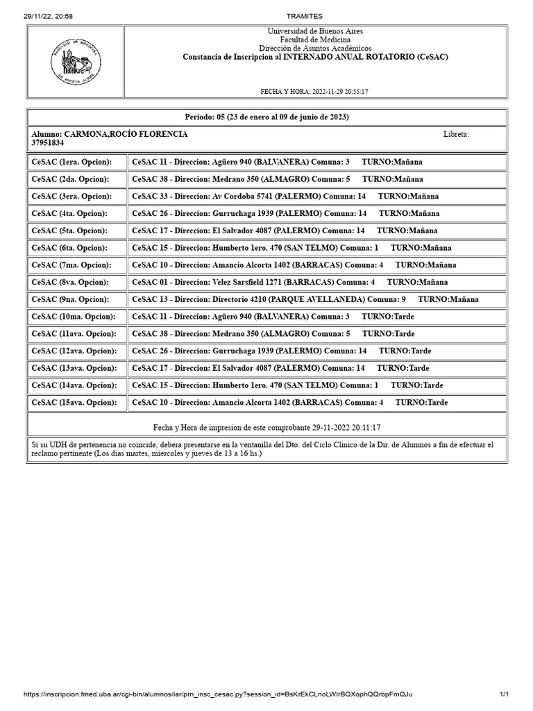 Constancia de Inscripción CeSAC UBA | PDF