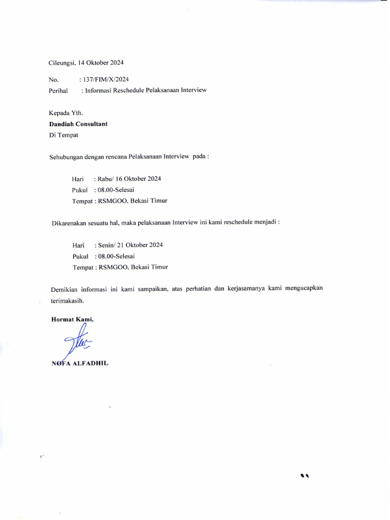 Surat Informasi Reschedule Interview 21 Oktober 2024 | PDF