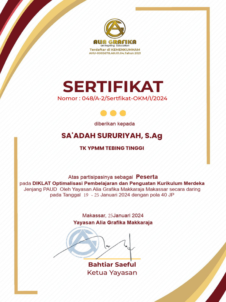 Sertifikat DIKLAT Optimalisasi Pembelajaran Dan Penguatan Kurikulum ...