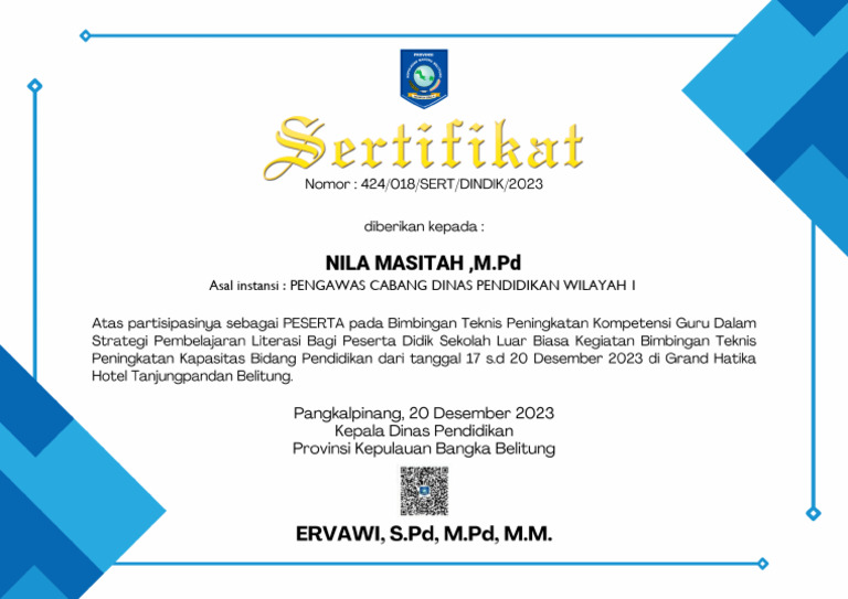 Sertifikat bimbingan teknis peningkatan kompetensi guru dalam strategi ...