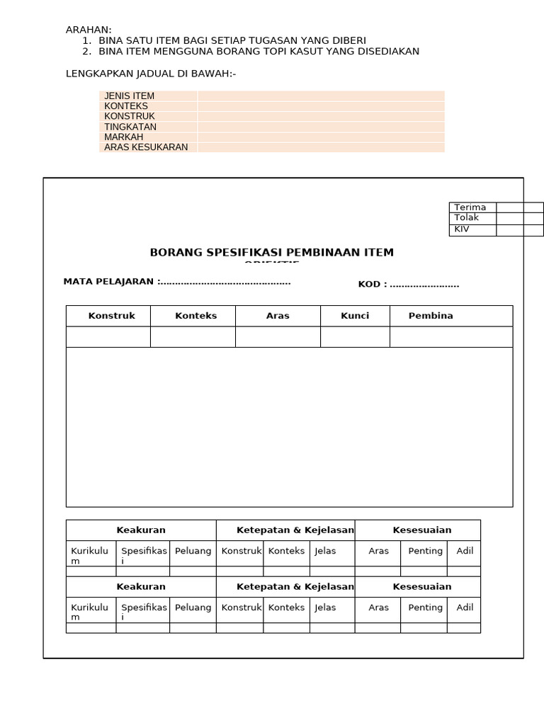 BORANG SPESIFIKASI PEMBINAAN ITEM | PDF