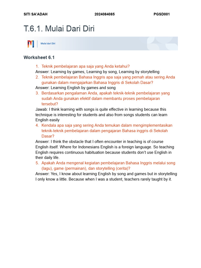 T.6.1. Mulai Dari Diri Bhs. Inggris Siti Sa'Adah | PDF