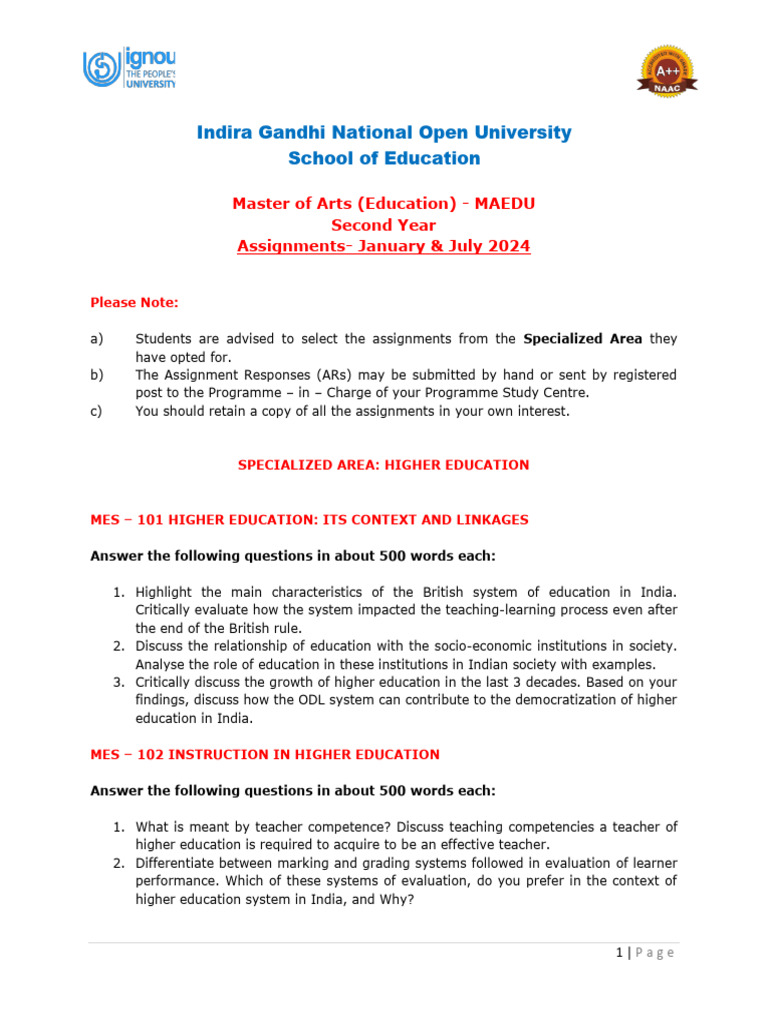 Mes-41,42,43,44 Assignments 4 | PDF | Distance Education | Adult Education