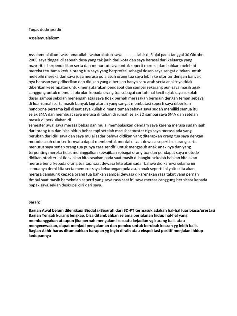 Contoh Deskripsi Diri+Saran Perbaikan | PDF