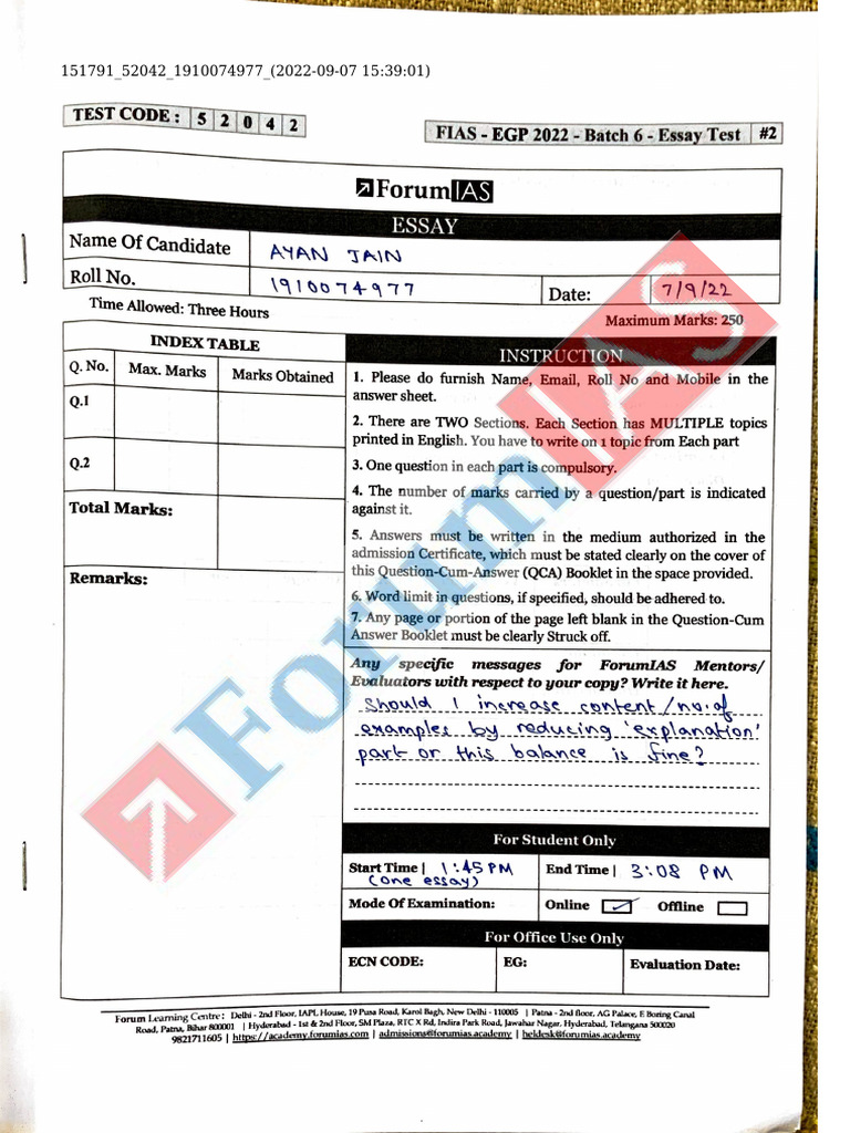 Ayan Jain UPSC 2023 Rank 16 MGP Answer Copy Essay Paper | PDF