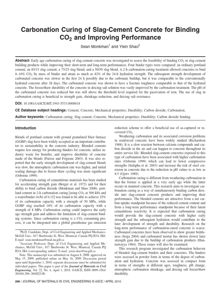 Carbonation Curing of Slag-Cement Concrete For Binding CO and Improving ...
