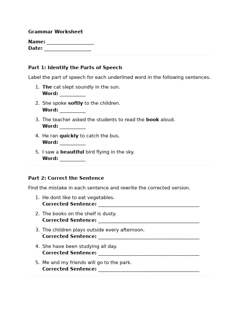 Grammar Worksheet: Parts of Speech & Corrections | PDF
