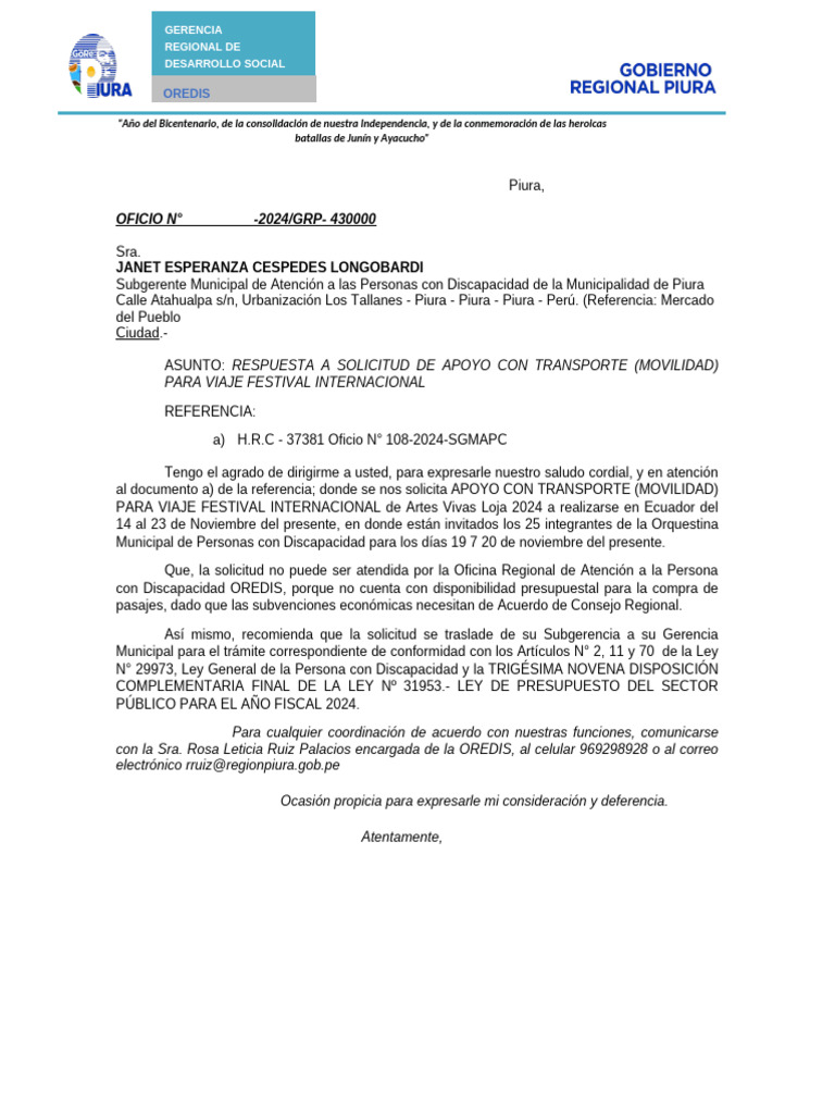 Proyecto de Oficio Respuesta A Solicitud de Apoyo Con Transporte Orquestina | PDF