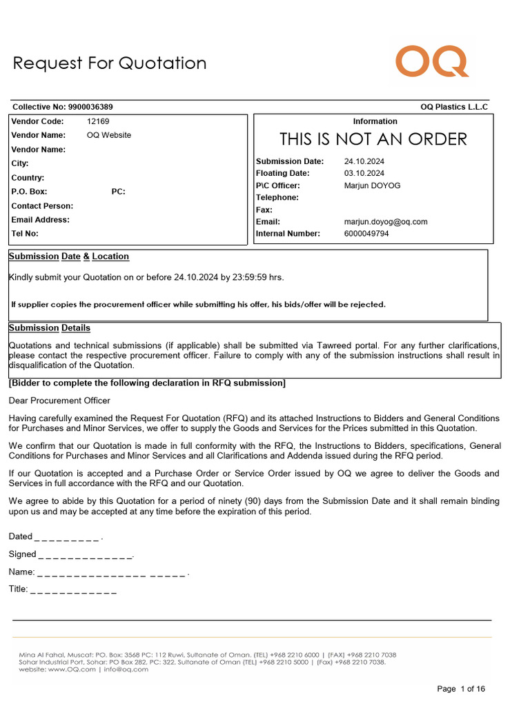 Request For Quotation: 12169 OQ Website | PDF | Indemnity | Value Added Tax