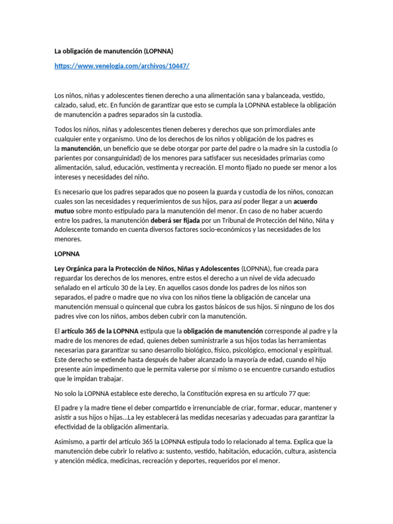 Obligación de Manutención según LOPNNA | PDF | Salario | Salario mínimo