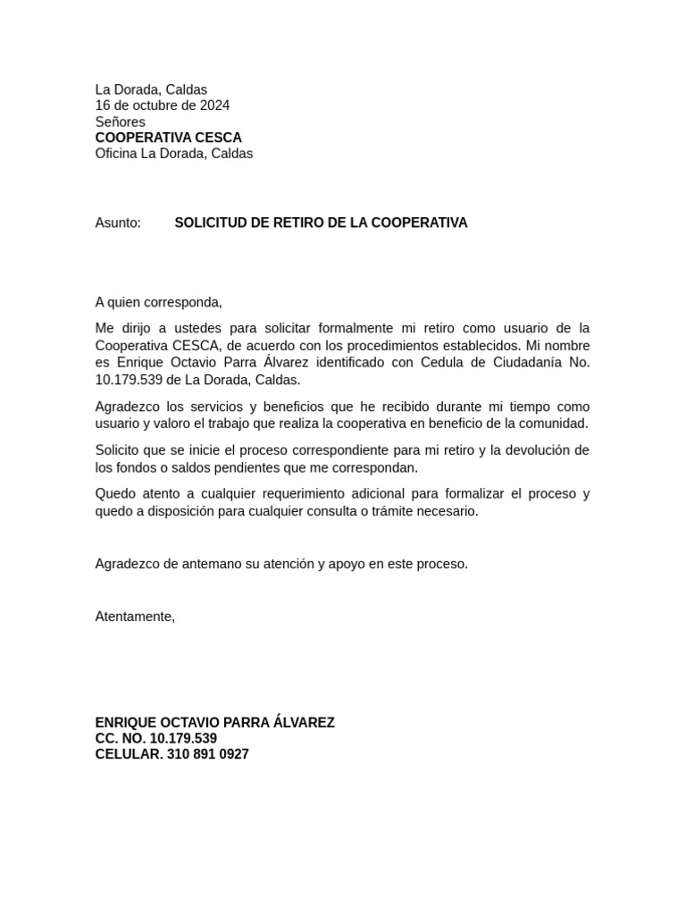 SOLICITUD RETIRO COOPERATIVA | PDF