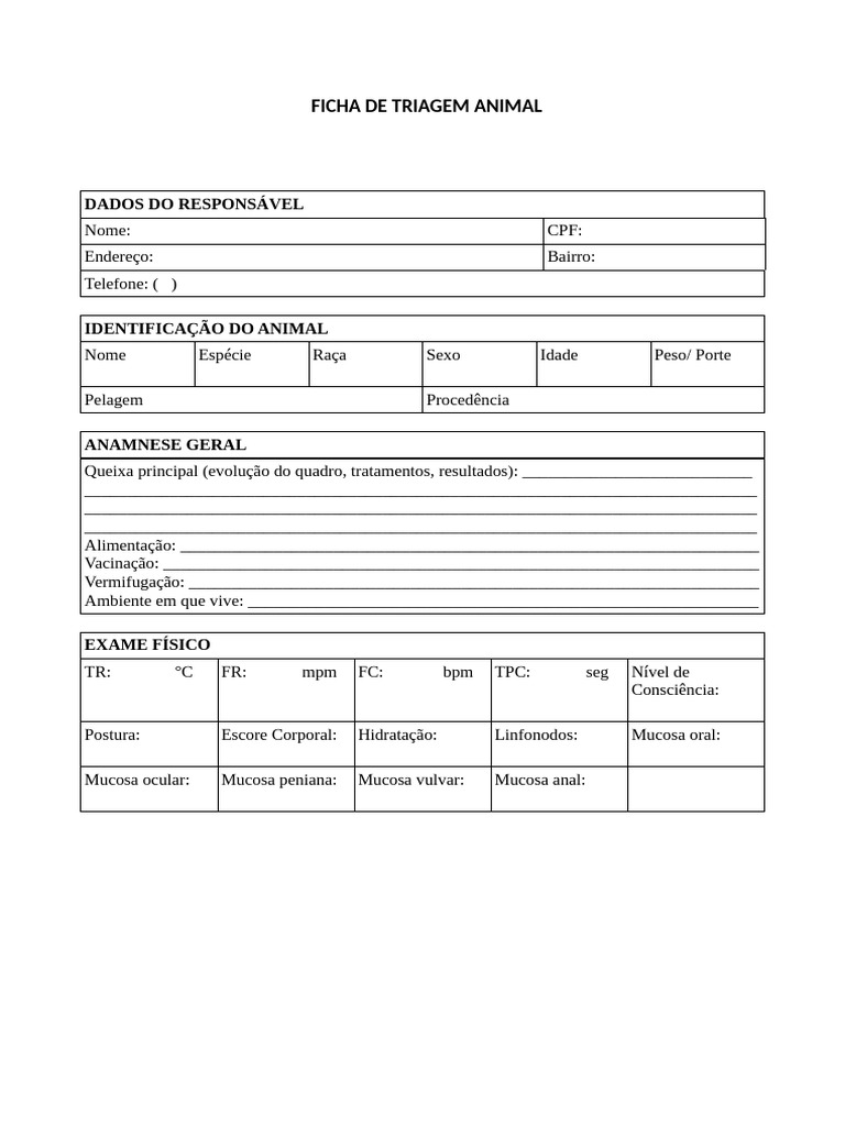 Modelo de Ficha de Triagem Animal para Prefeituras Ou Animais ...