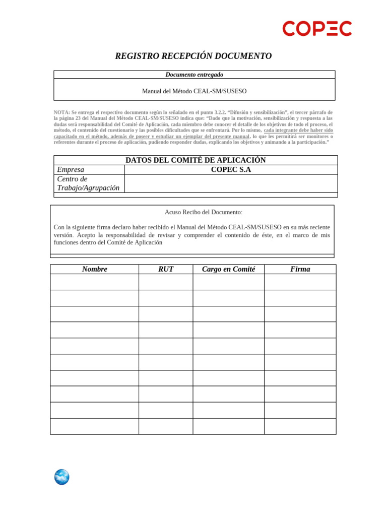 FORM- Registro de Entrega Manual CEAL-SM - COPEC | PDF