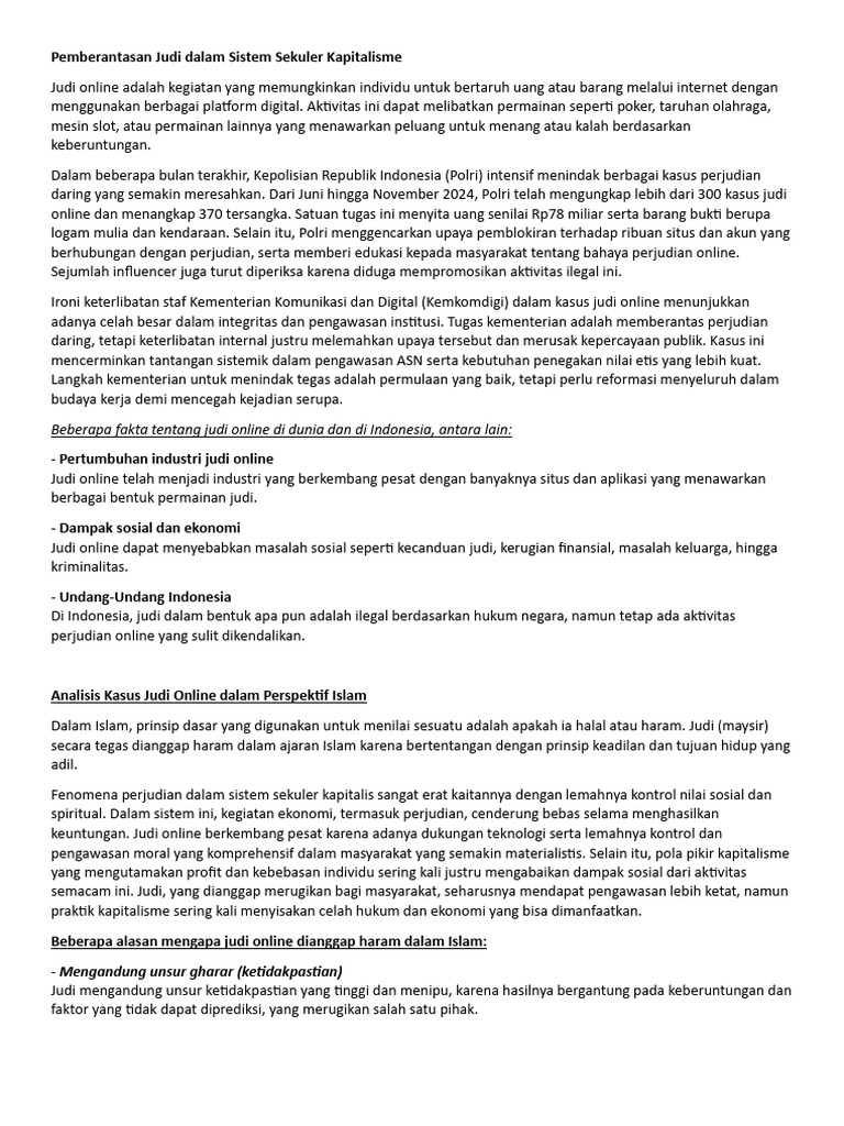 Pemberantasan Judi Dalam Sistem Sekuler Kapitalisme | PDF