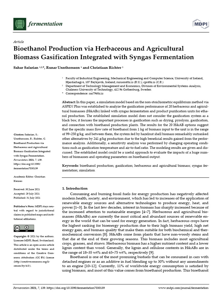 Bioethanol Production Via Herbaceous and Agricultu | PDF | Gasification ...