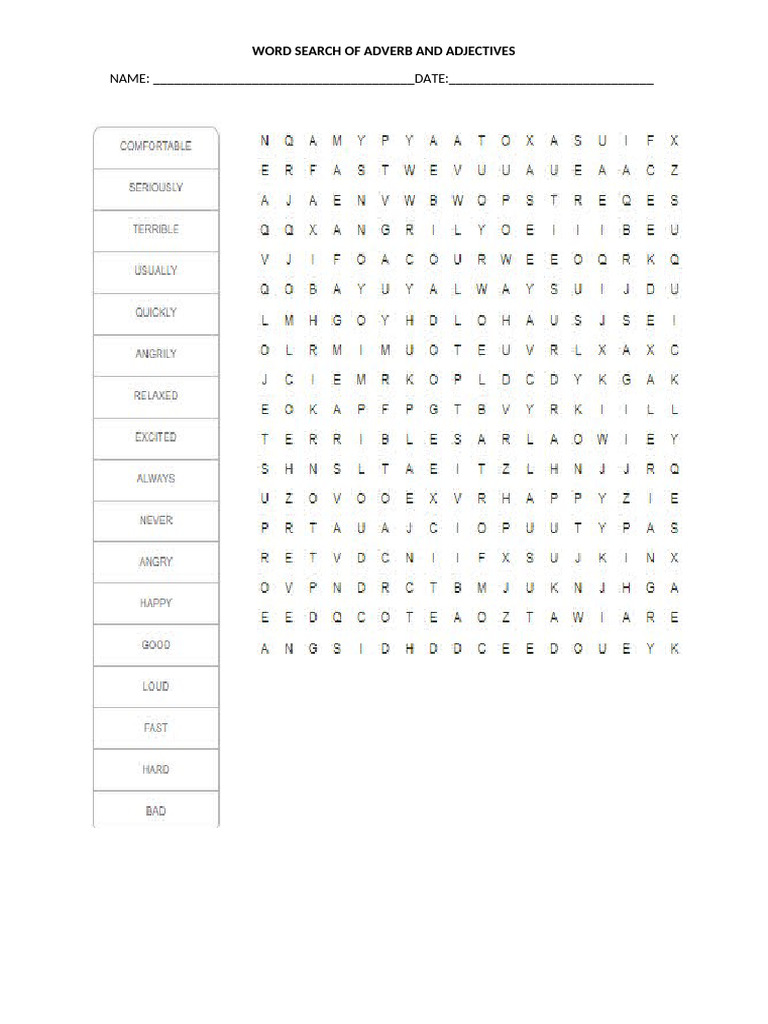 Word Search of Adverb and Adjectives | PDF