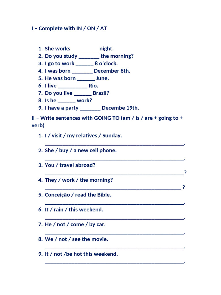 Prepositions and Future Tense Exercises | PDF