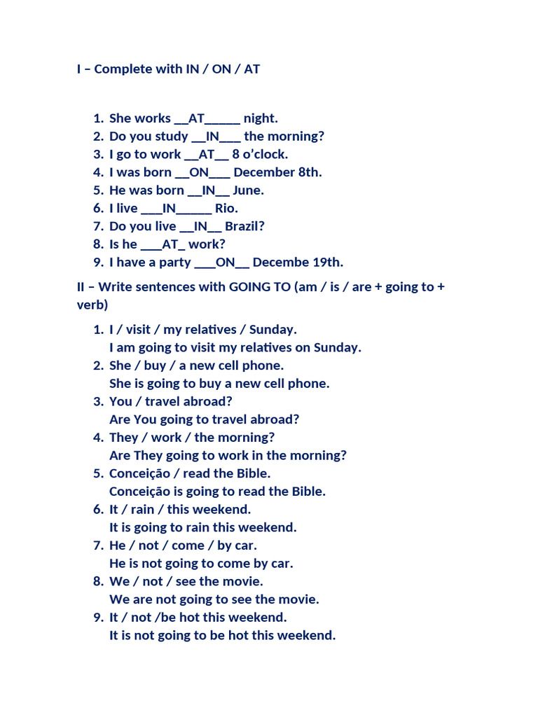 Going To - Prepositions - HW - Respostas | PDF