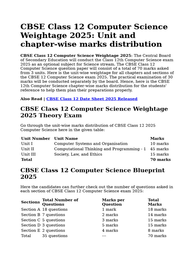 CBSE Class 12 Computer Science Marks 2025 | PDF | Qualifications ...