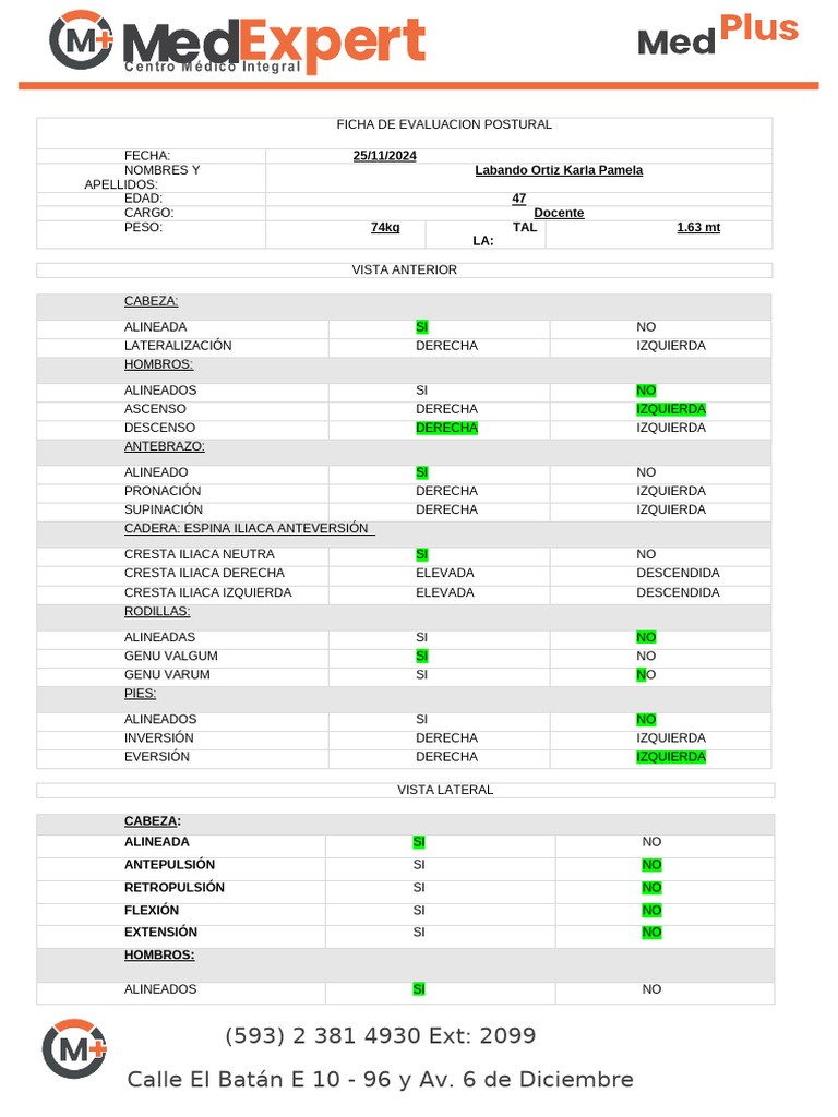 Labando Ortiz Karla Pamela Test Postural - Formato PDF | PDF | Causas ...