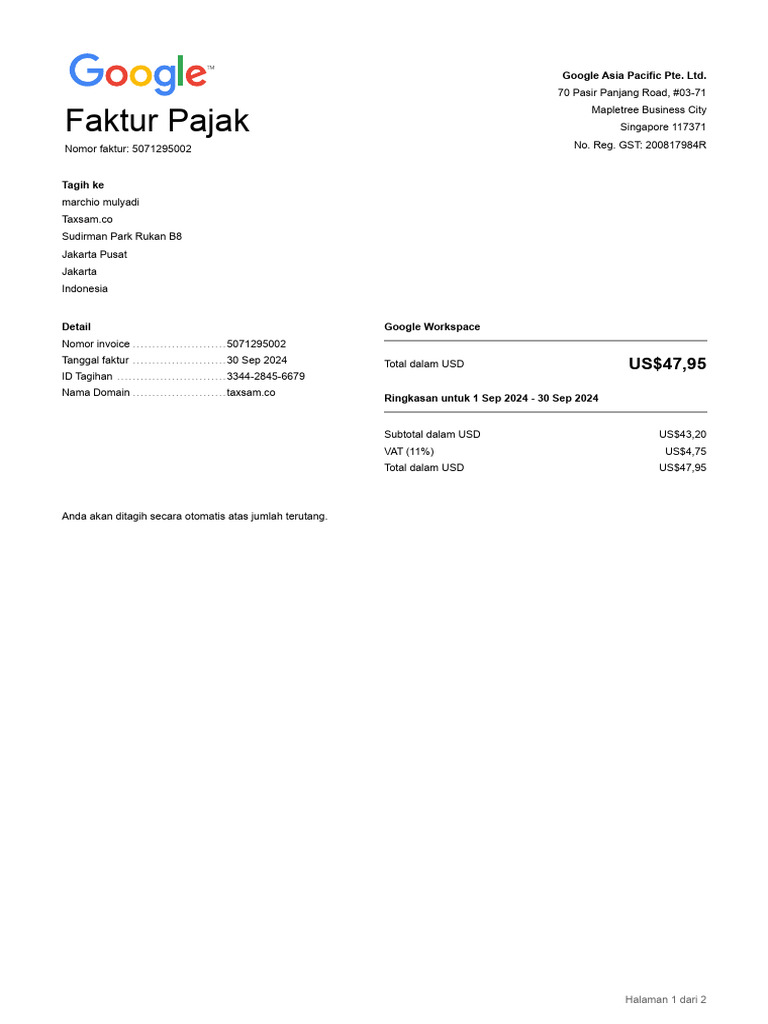 Invoice Google Workspace Periode September 2024 | PDF