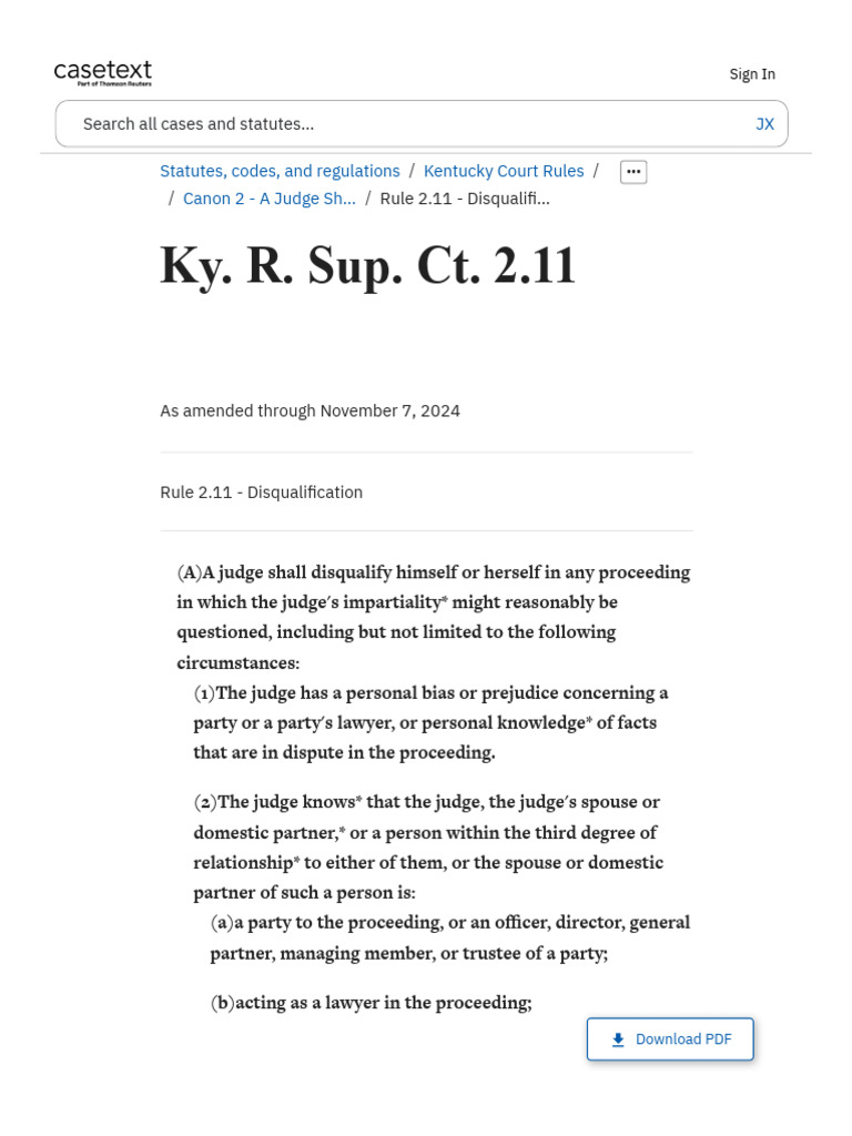 Rule 2.11 - Disqualification, Ky. R. Sup. Ct. 2.11 - Casetext Search + Citator | PDF | Judicial ...
