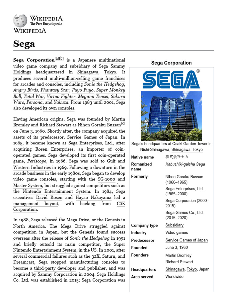 Sega - Wikipedia | PDF | Video Game Companies Of Japan | Electronic Toys