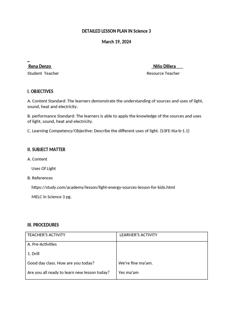 DETAILED LESSON-WPS Office | PDF | Flashlight | Cognitive Science