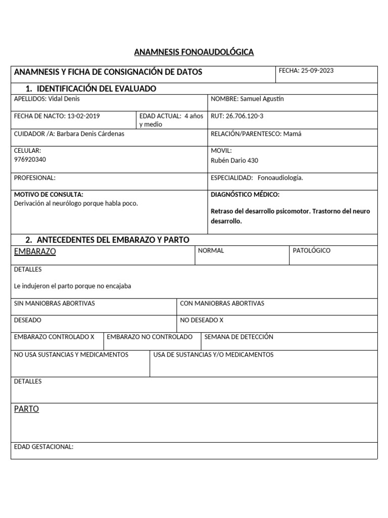 Anamnesis Fono Samuel Vidal | PDF | El embarazo | Medicina CLINICA