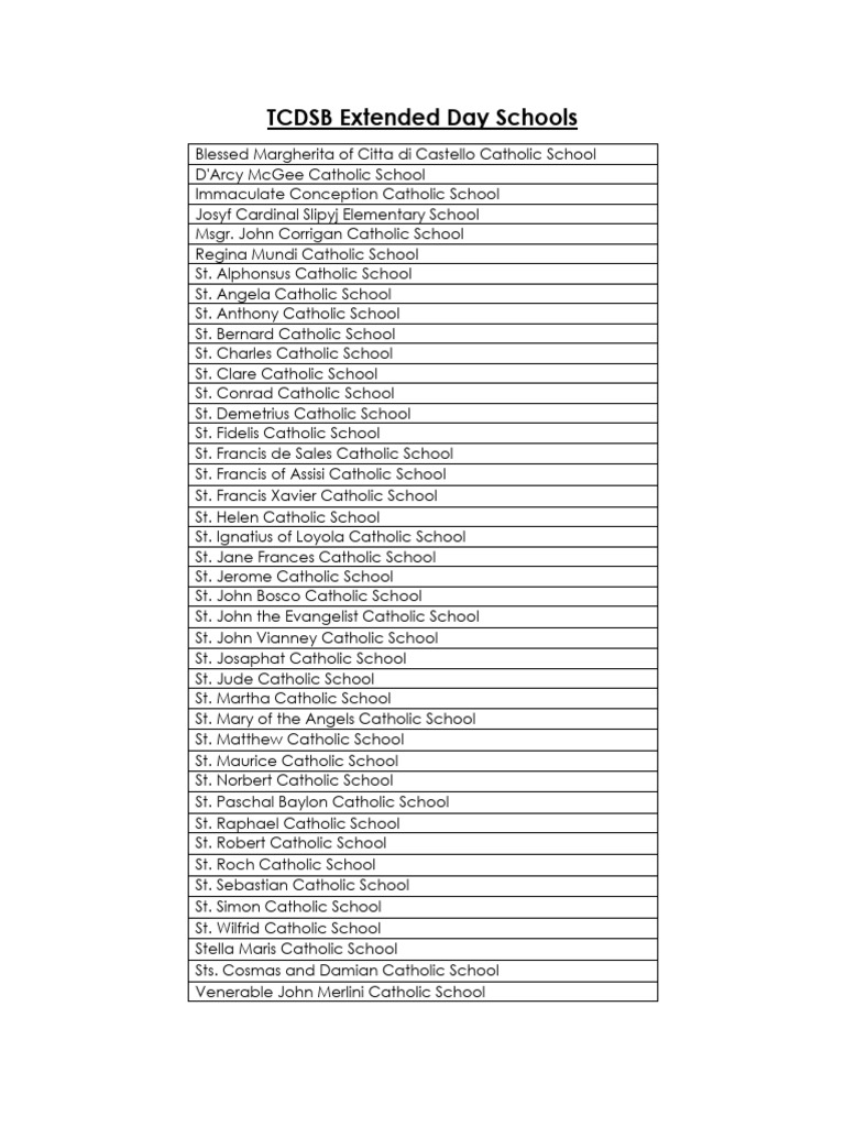 TCDSB Extended Day Schools List | PDF