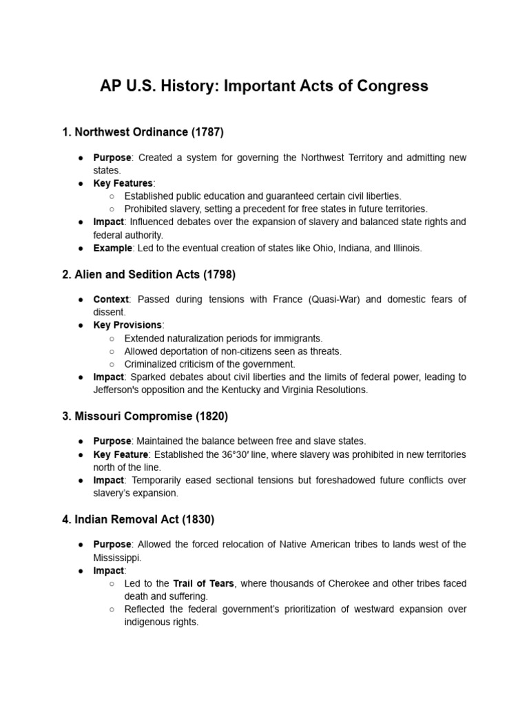 Important Acts of Congress To Know For AP United States History | PDF ...
