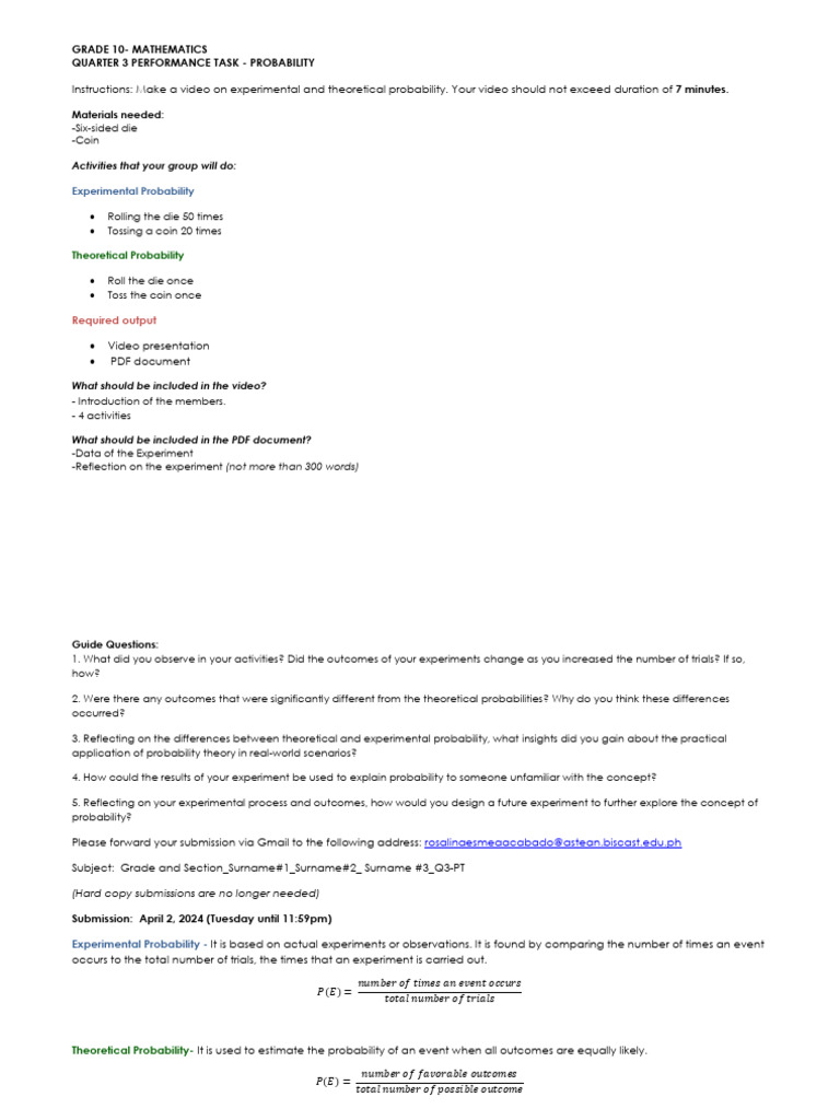 Performance Task Probability | PDF | Probability | Experiment
