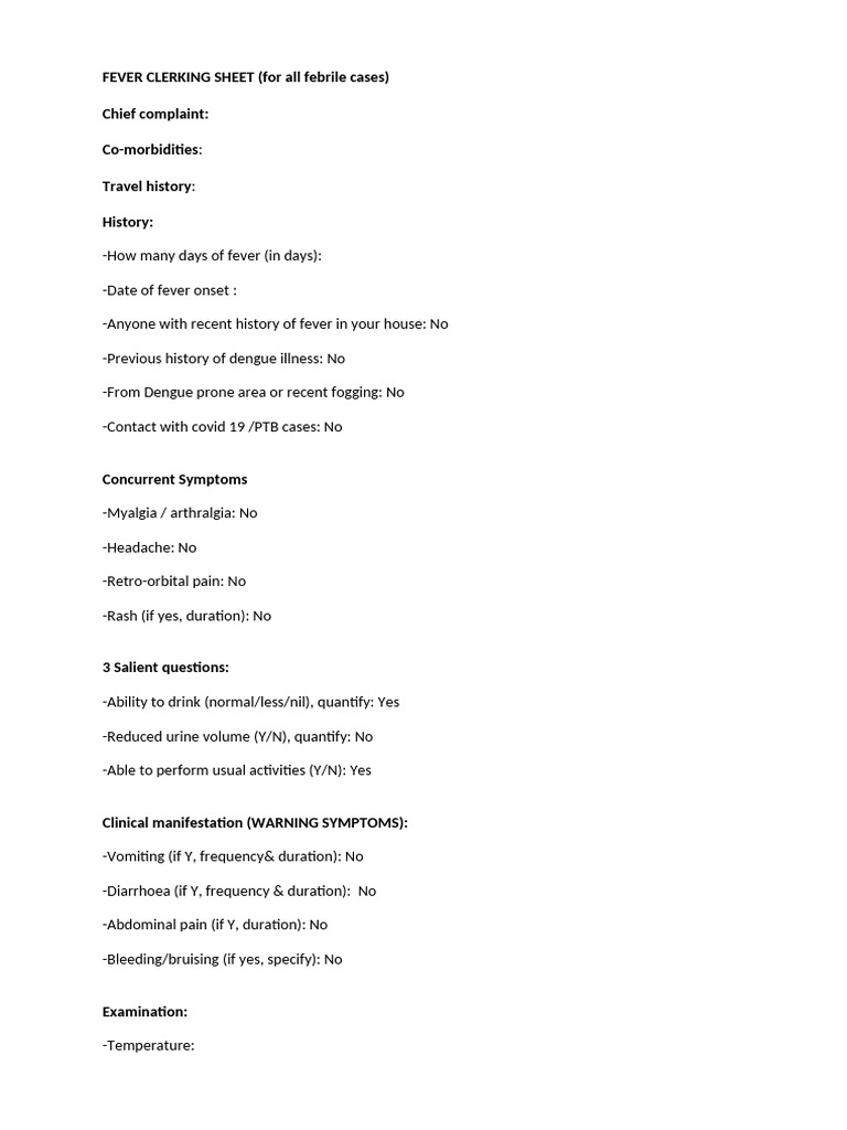 Fever Clerking Sheet | PDF