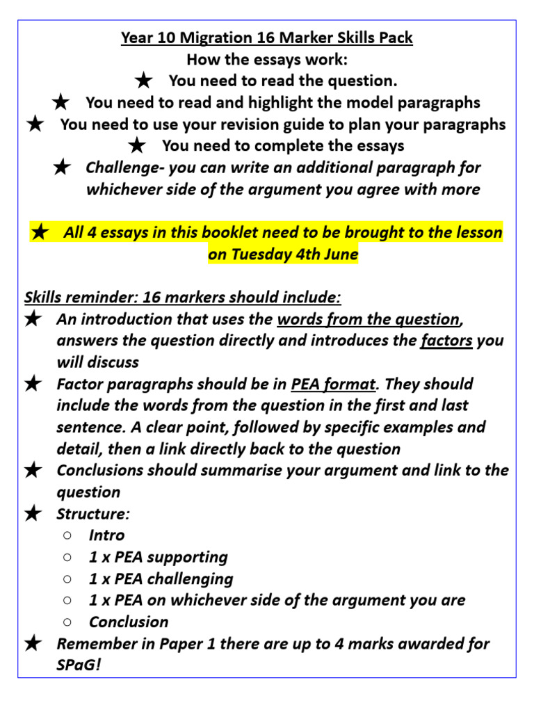 Migration Half-Term Homework - 16 Marker Exam Skills | PDF | Essays ...