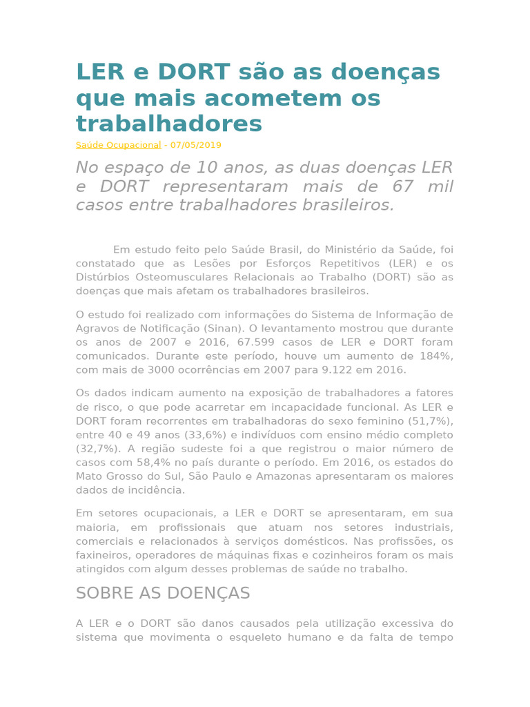 LER e DORT: Impacto na Saúde do Trabalhador | PDF | Medicina Clínica ...