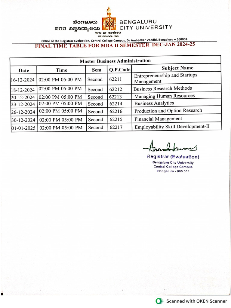 MBA & MCA 2nd & 4th Sem Time Table | PDF