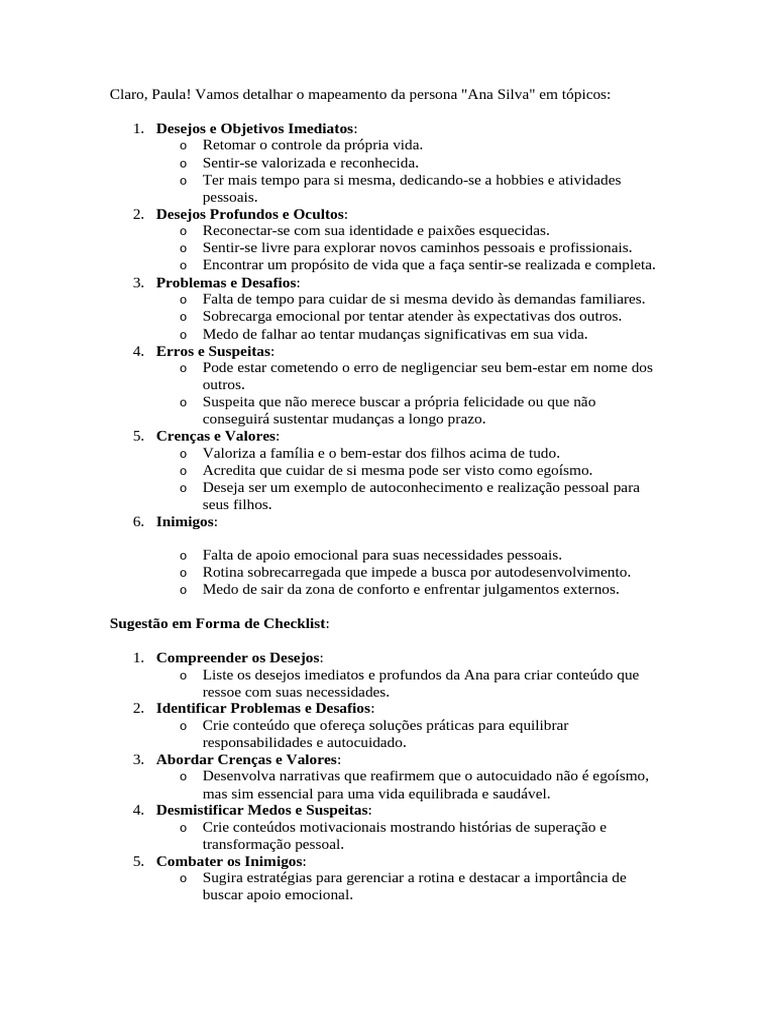 Mapeamento da Persona Ana Silva | PDF | Bem-estar | Vida